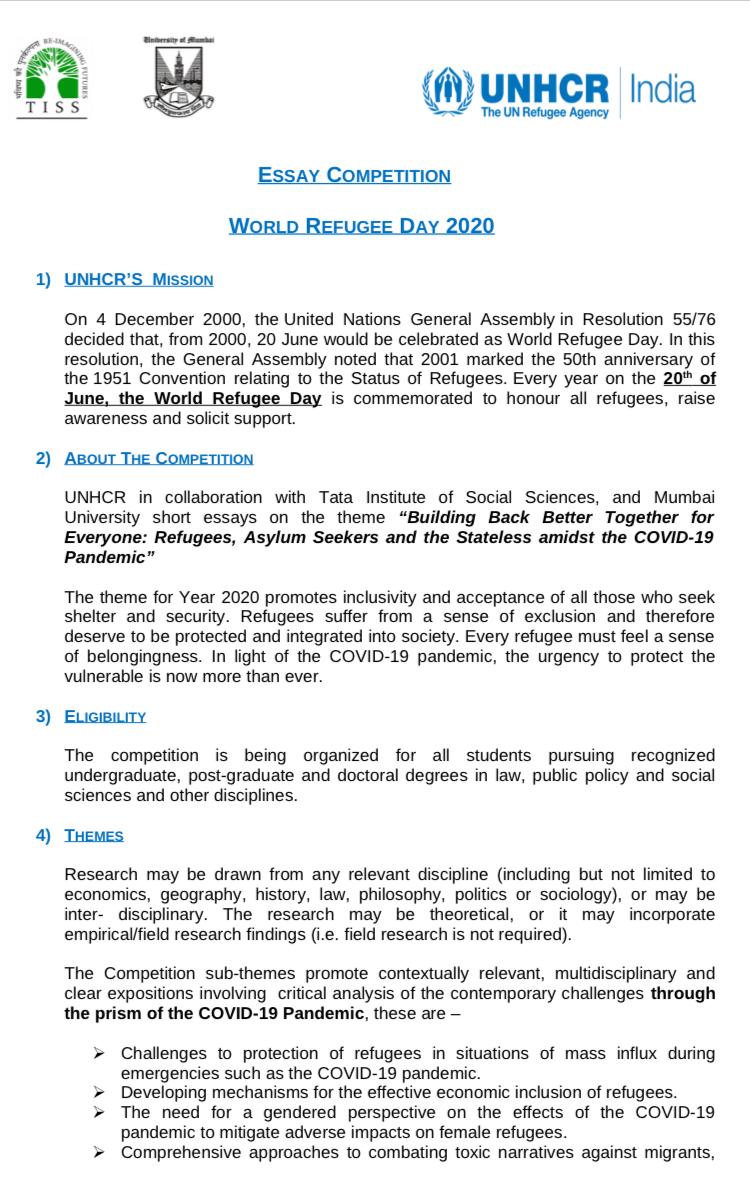 Essay Competition World Refugee Day 2020 | UNHCR-TISS-Mumbai University
